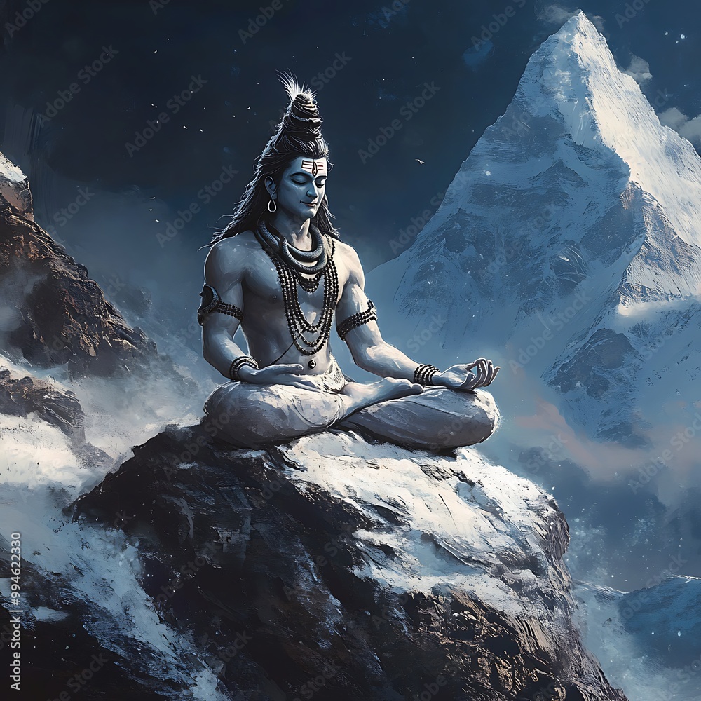 Lord Shiva in meditation on snowy mountain with clouds and peak background. Hindu god of ...