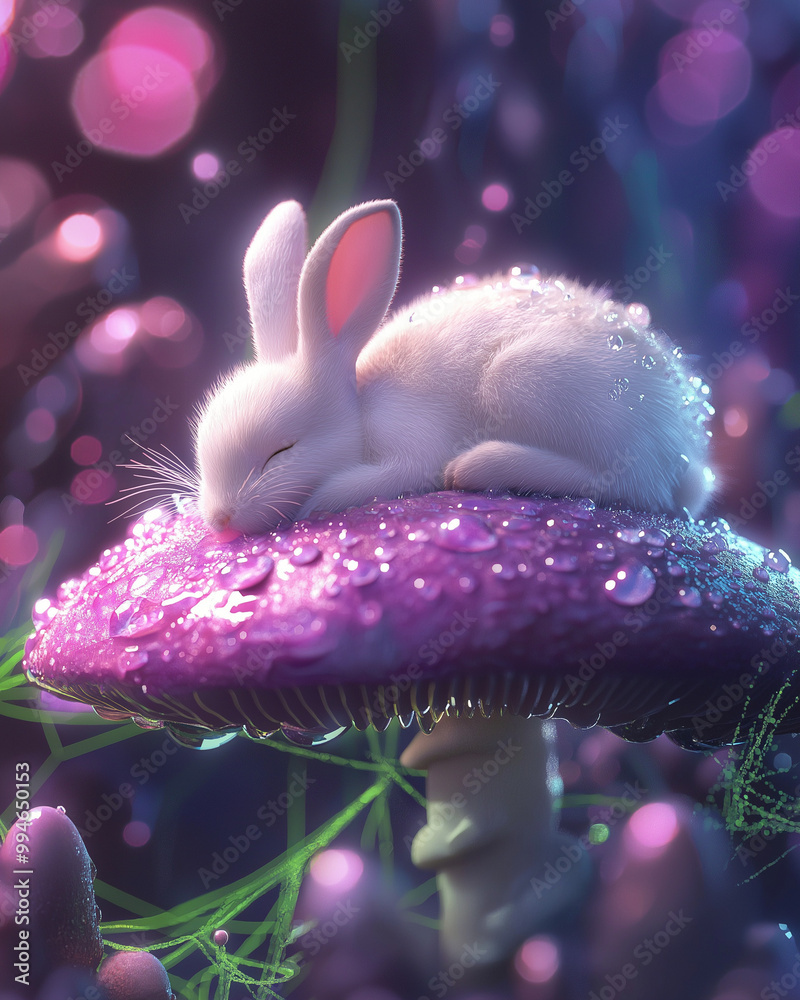 Cute fluffy White rabbit sleeping on the back of the big mushroom ...