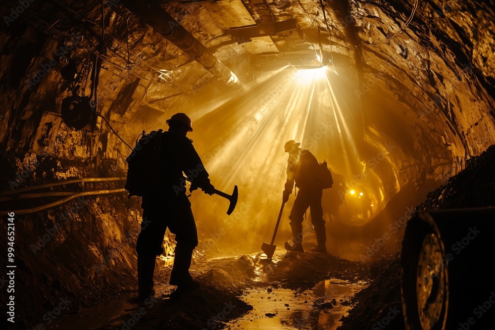 underground scene inside a gold mine, showcasing miners using pickaxes ...