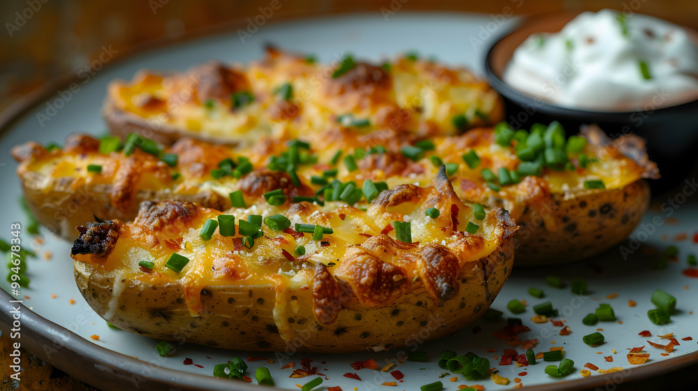 Potato skins served with a side of sour cream and chives, captured ...