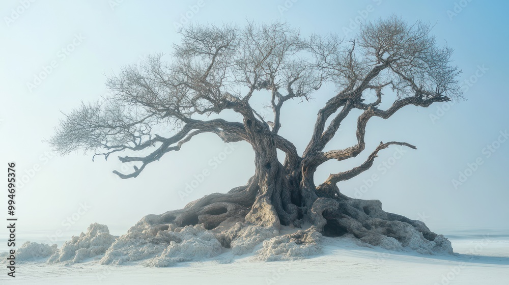 An old, leafless tree standing alone, its dry, gnarled branches ...
