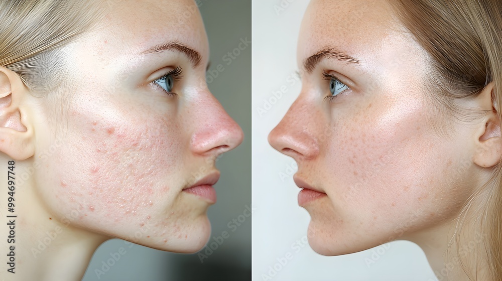 Before-and-after acne treatment, highlighting pore reduction, smooth ...
