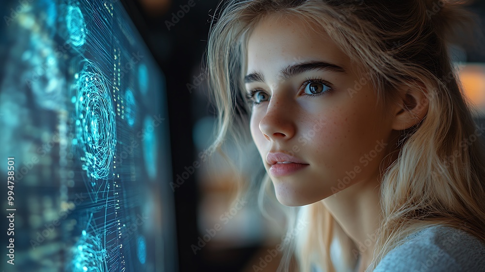 College student working on computer using AI artificial intelligence ...