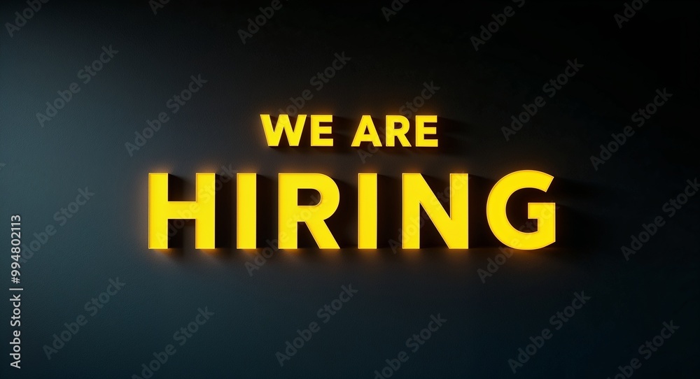 we are hiring word lettering with yellow glow on plain black dark ...