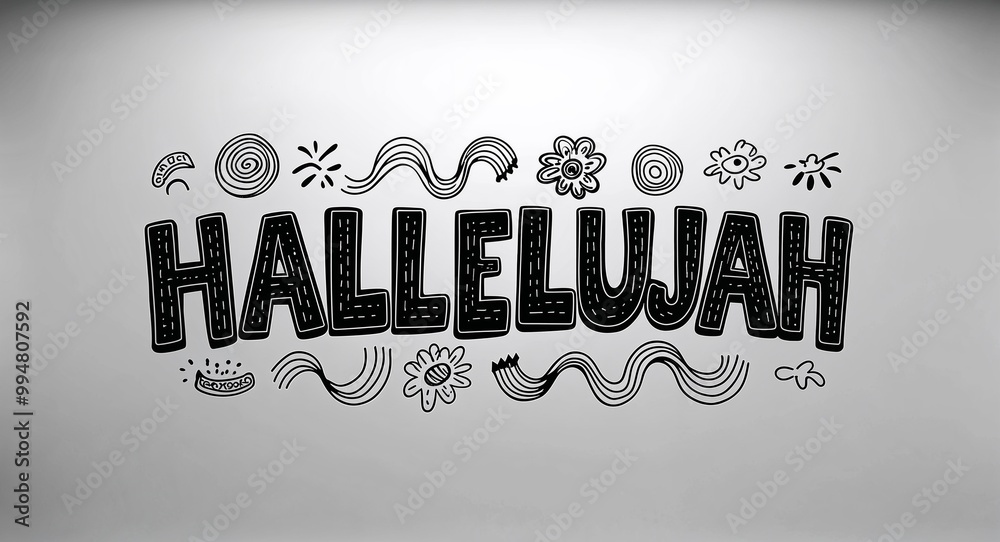 hallelujah word lettering with groovy doodles drawing design on plain ...