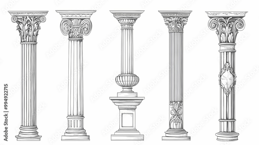 Ancient line columns collection. antique doodle style roman ...