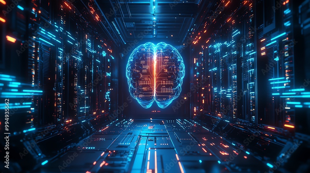Scifi supercomputer with an AI brain at its core, glowing in neon blue ...