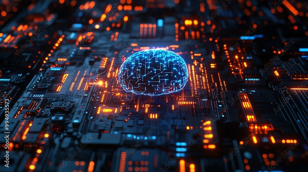 Scifi supercomputer with an AI brain at its core, glowing in neon blue ...