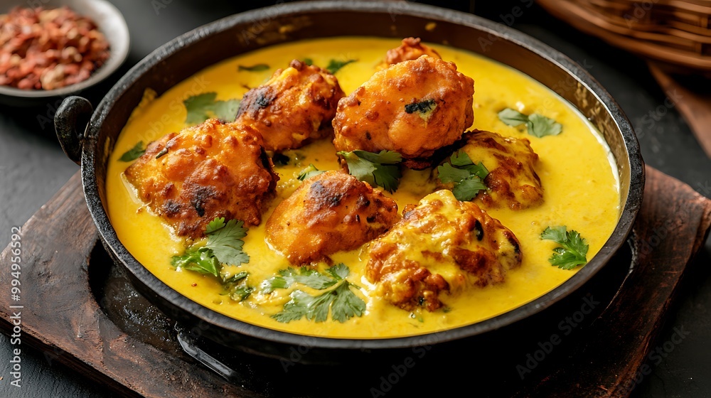 Delicious creamy kadhi pakora featuring golden yellow kadhi paired with ...