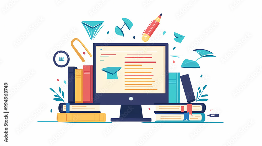 Online education, e-learning, computer with school books, innovative ...