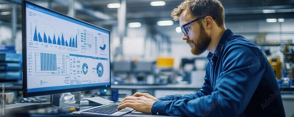 Factory worker using SPC software to monitor quality control, charts ...