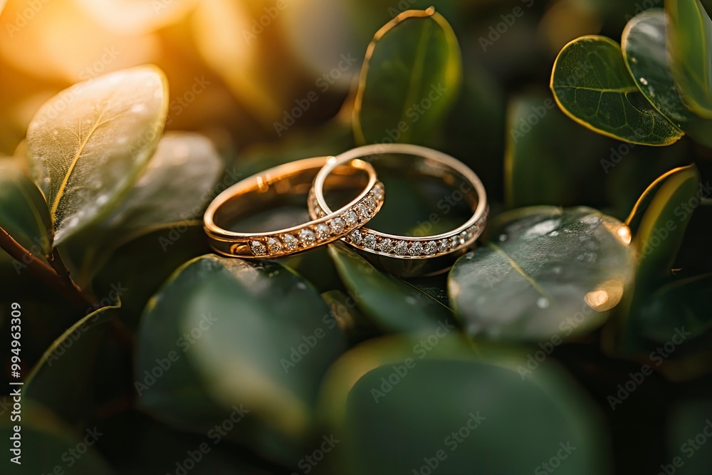 Sebuah cincin pernikahan ditempatkan secara elegan di atas daun hijau ...