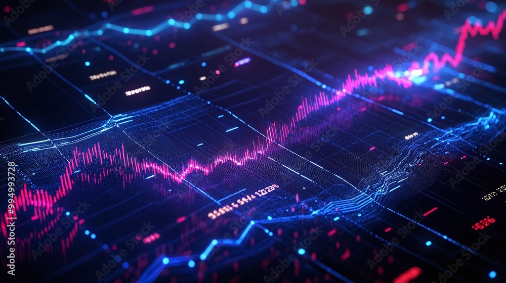 Abstract data visualization with flowing graphs and digital patterns, showcasing financial ...