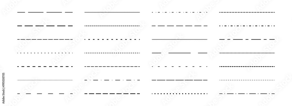 Black straight dashed line set. Dotted dividers and separators design ...