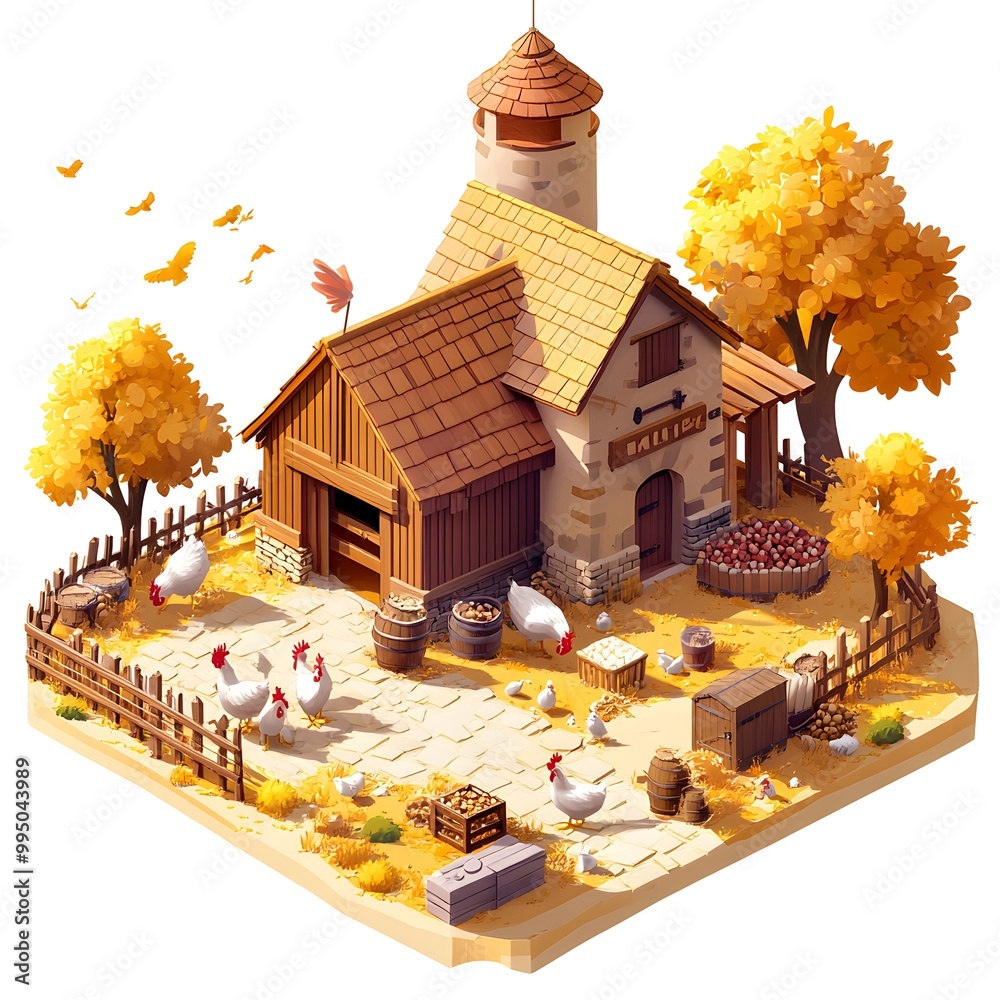 Isometric Cartoon Farm Scene with Chickens, Barn, and Farm Animals in a ...