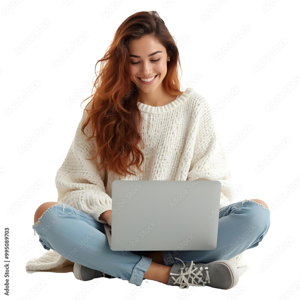 Smiling Young Woman Sitting Cross-Legged Using Laptop on Transparent ...