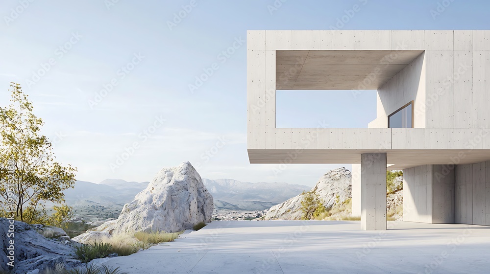 An architectural visualization of a Neo Brutalist structure with bold ...