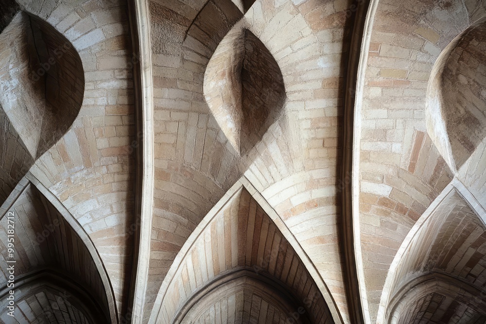 Historic vaulted ceiling, rounded arches, linear stripes, depth ...