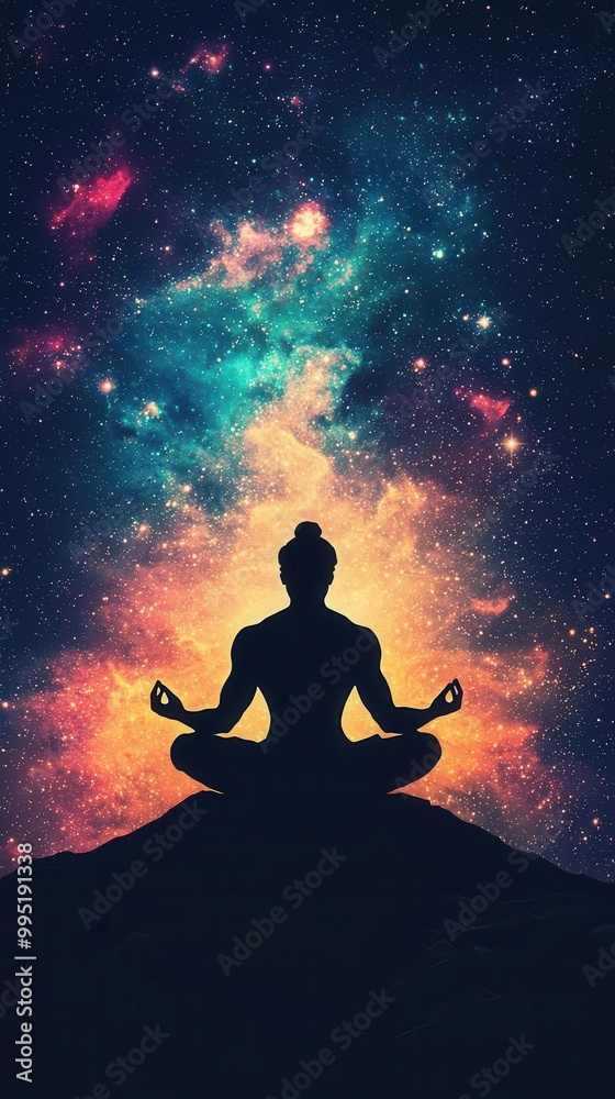 Brahma meditating on the cosmic lotus, floating in space, surrounded by ...