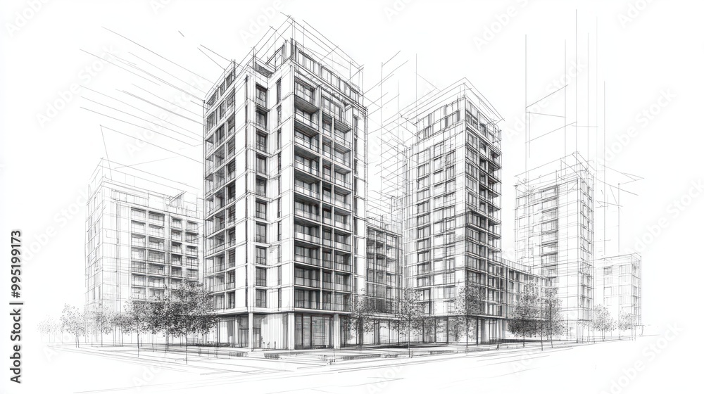 Architectural concept drawing of an urban residential complex in a ...