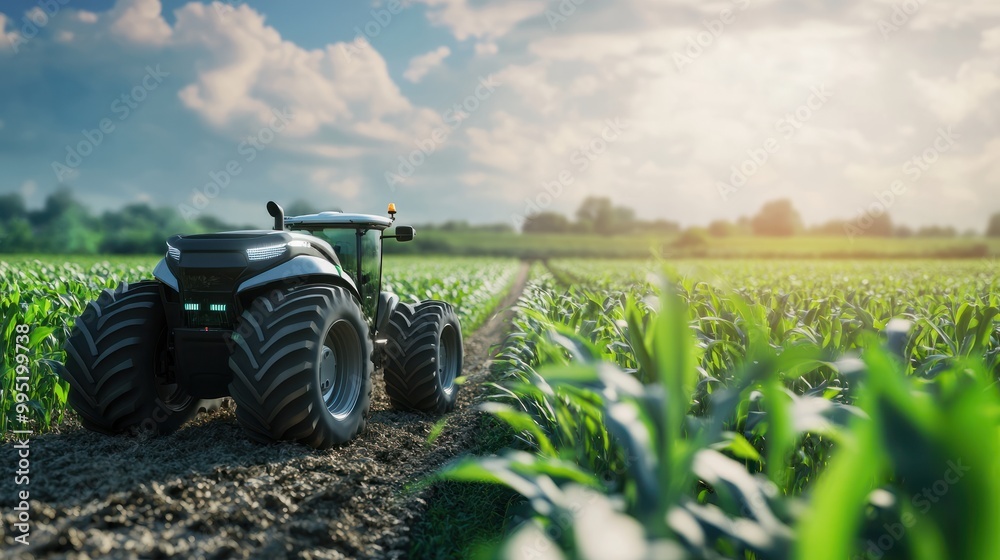 Autonomous tractor working in corn field, Future technology with smart ...