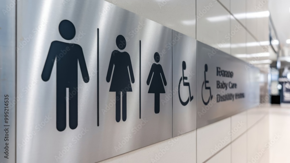 Toilet signage displaying male, female, baby care, and disability ...