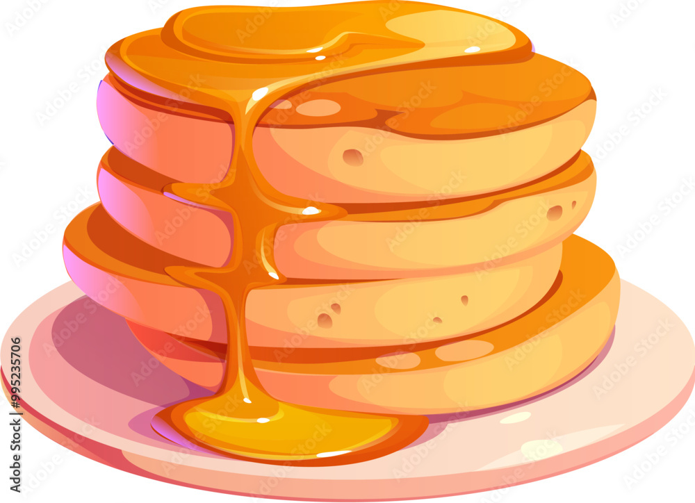 Cartoon pancakes with honey. Isolated vector stack of golden pancakes ...