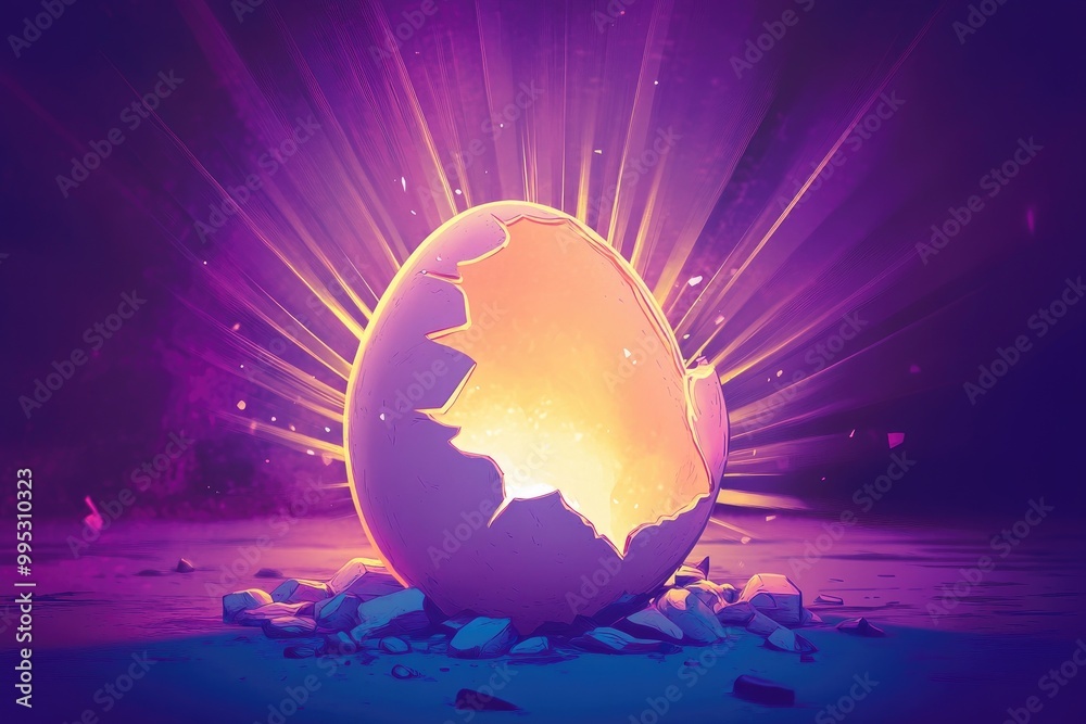 Digital illustration of a broken egg symbolizing birth featuring rays ...