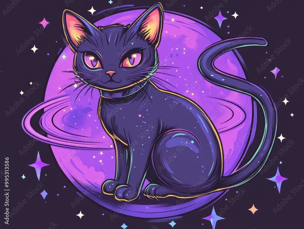 Cute magic cat tattoo design featuring space themed Saturn art an ...