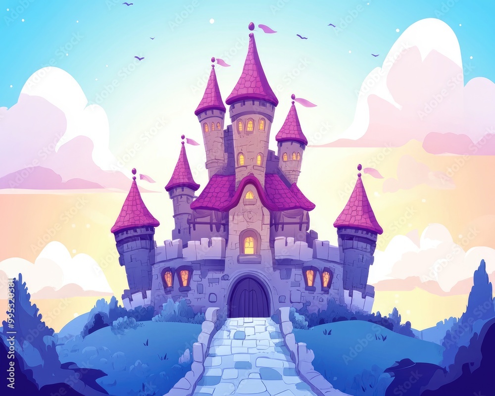 Fantasy castle illustration in a 2D cartoon style ideal for template ...