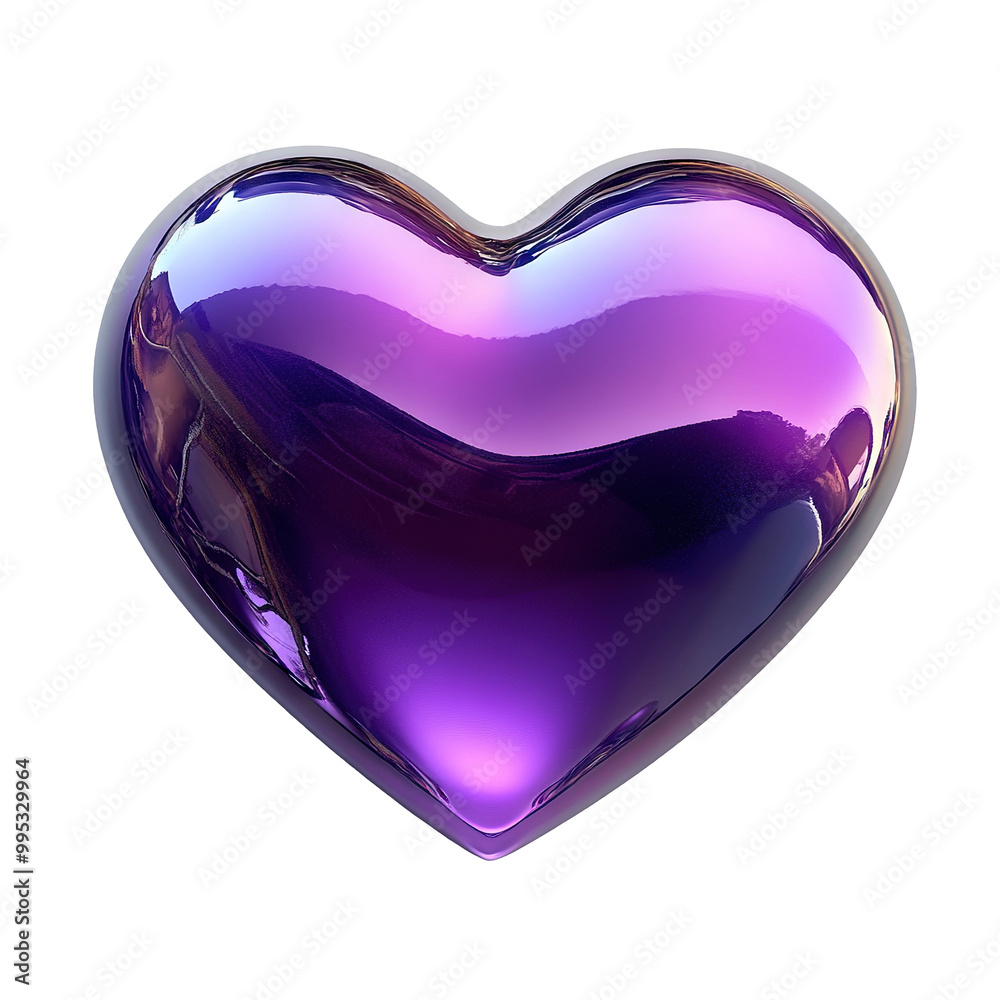 Purple glossy heart with reflective surface, isolated on transparent ...