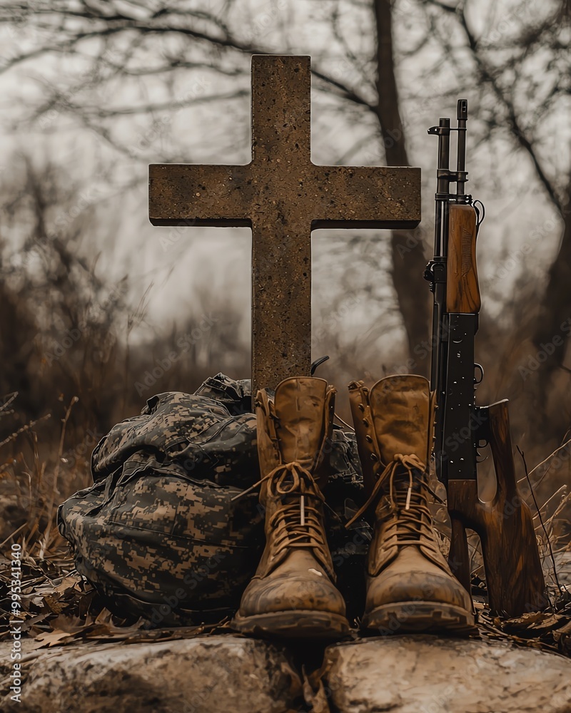 Battlefield cross memorial with marine corps cover, boots, and rifle ...