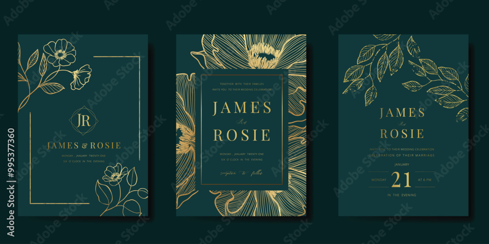 Luxury wedding invitation card vector template. Green background with ...