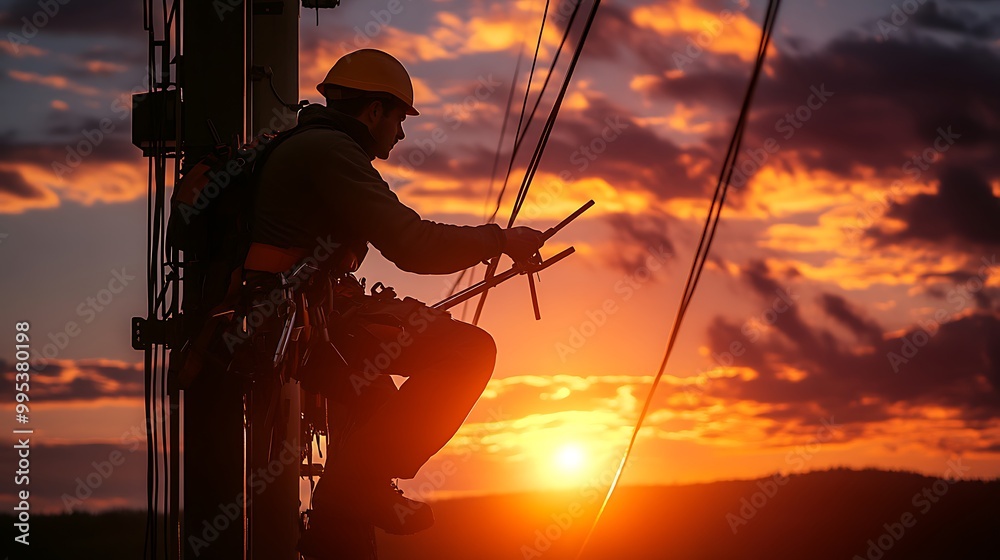Electrical Engineer Working on Power Lines An electrical engineer high ...