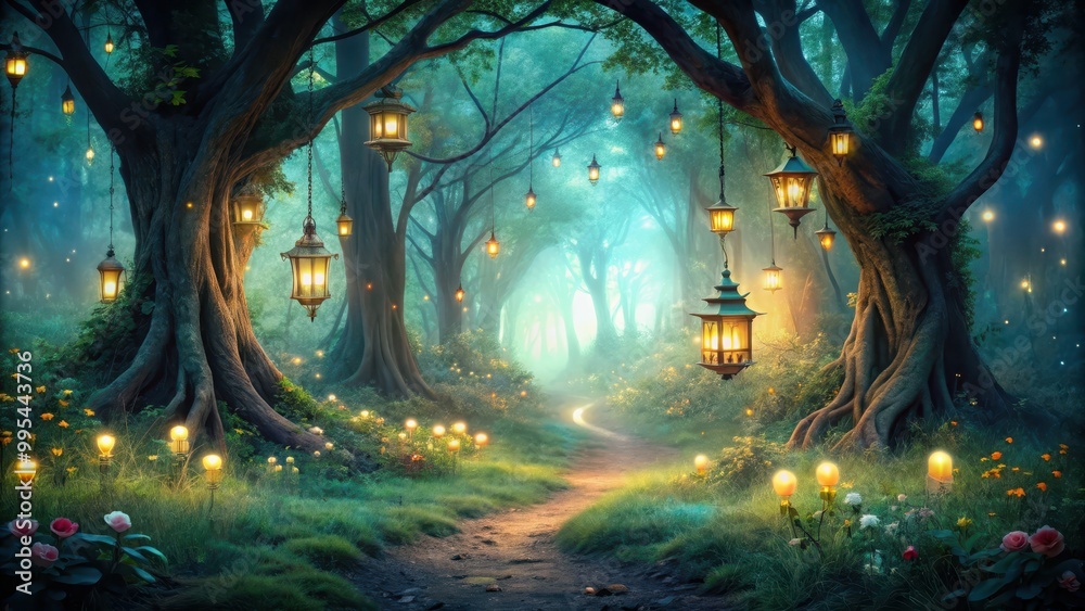 Enchanted forest with mystical creatures and glowing lanterns, fantasy, night, enchanted, forest ...