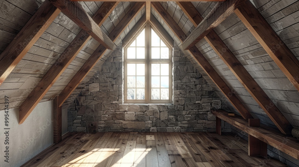 Observing a frame roof with exposed beams stone wall and window Stock ...