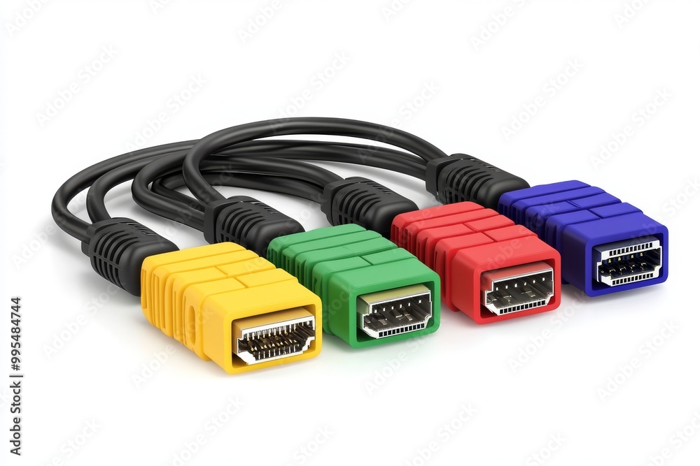 Set of colorful RCA connectors arranged side by side emphasizing audio ...