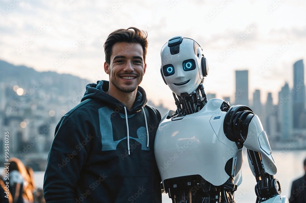 Casual guy posing with the AI robot on cityscape background. Artificial ...