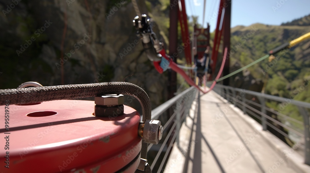 Bungee jumping a high bridge wide shot showing the jump and bungee cord ...