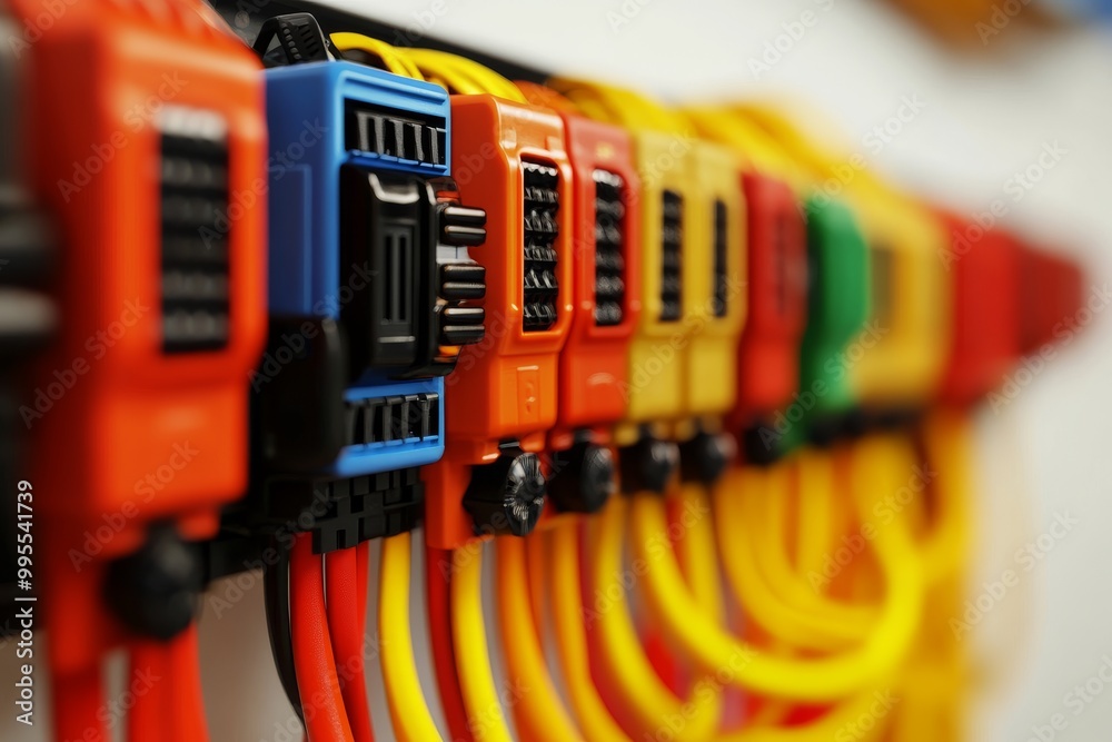 Rows of organized cables in a data center server room representing ...
