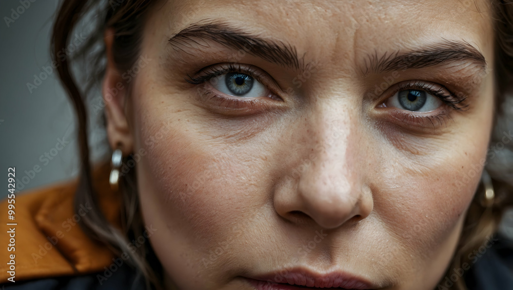 Intense Gaze: A woman's piercing blue eyes stare directly into the ...