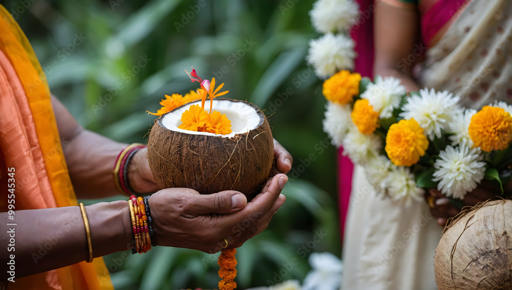 Sacred Coconut Offering: Hands carefully hold a coconut adorned with ...