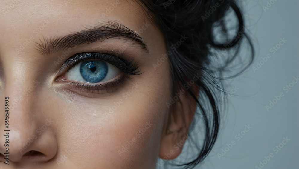 Captivating Azure Gaze: Half-face portrait of a woman with striking ...
