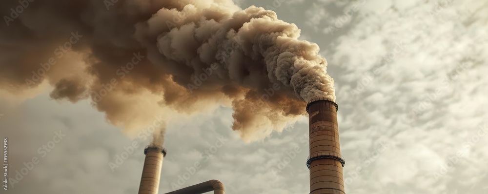 Dark skyline filled with industrial smoke and pollution, representing ...