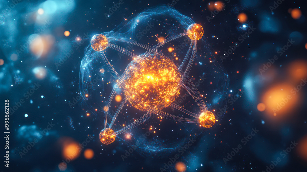 Nucleus and electron orbit, vibrant atomic model, dynamic electron paths, subatomic structure ...