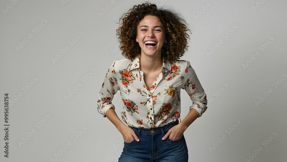 Unbridled Joy: A young woman with a bright smile and vibrant floral ...
