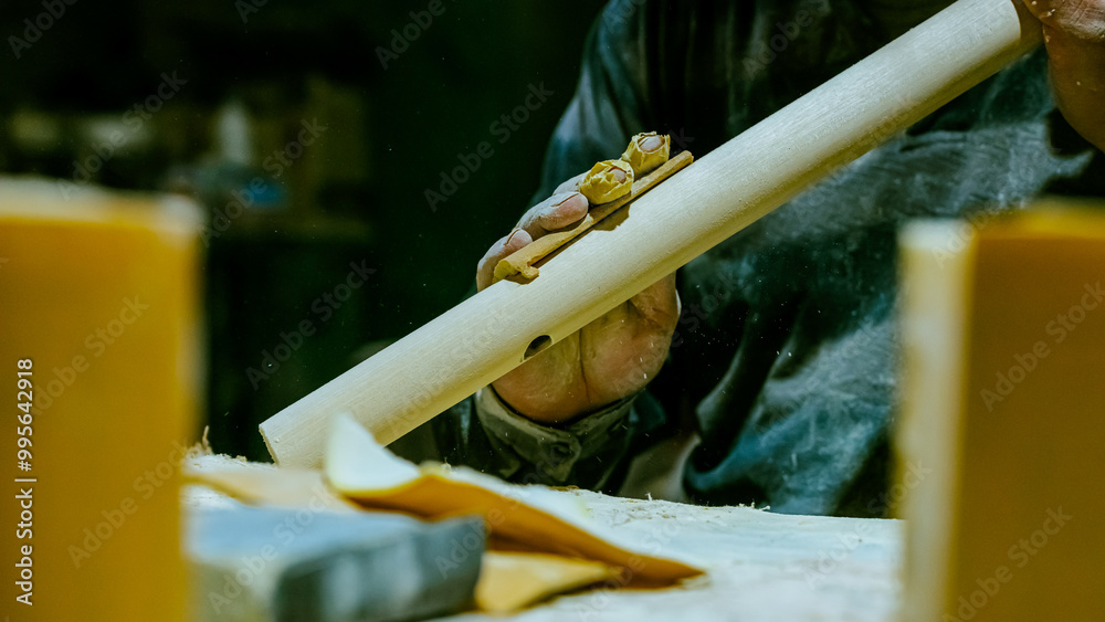 carpenter using nail gun or brad nailer tool on wood box in a workshop ...