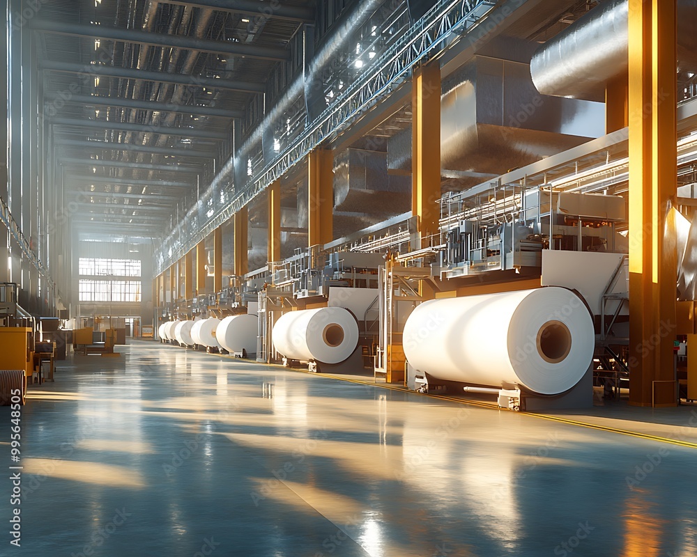 An industrial setting showing multiple large rolls of paper being fed ...