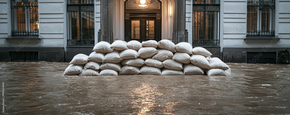 A stack of sandbags prevents floodwaters from entering a building ...