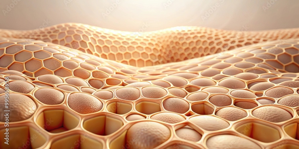 Abstract render of skin layers with cells on beige background, skin ...